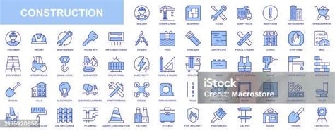 건설 웹 아이콘은 이중톤 윤곽선 획 디자인으로 설정됩니다 건축업자 타워 크레인 청사진 도구 덤프 트럭 고층 빌딩 수레 엔지니어 집 열쇠로 픽토그램을 포장하세요 벡터 일러스트