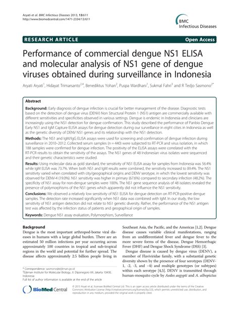 Pdf Performance Of Commercial Dengue Ns1 Elisa And Molecular Analysis