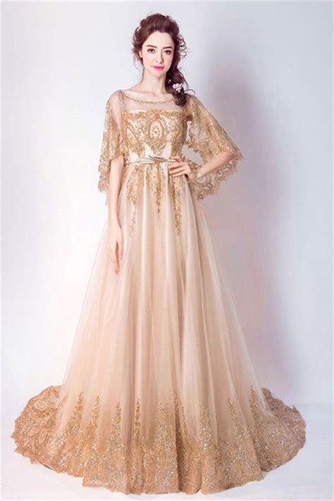 A Line Bateau Neckline Open Back Champagne Tulle Lace Prom Dress With Shawl