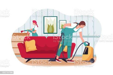 ทีมทําความสะอาดพร้อมเครื่องมือระดับมืออาชีพที่เป็นระเบียบเรียบร้อยในห้องนั่งเล่น ภาพประกอบสต็อก