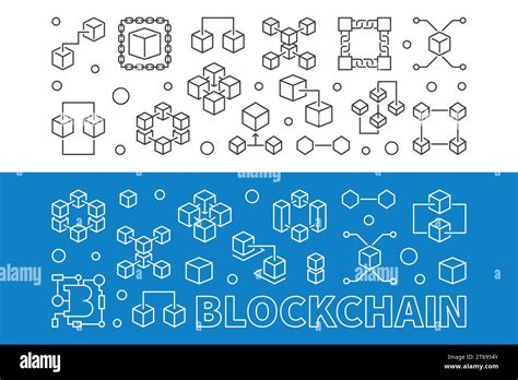 Blockchain Cryptocurrency Outline Banners Set Block Chain Vector