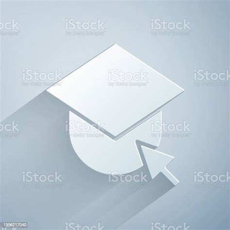 회색 배경에 격리 된 글로브 아이콘에 종이 컷 졸업 모자 세계 교육 기호 온라인 학습 또는 E러닝 개념 종이 아트 스타일 벡터 일러스트레이션 3차원 형태에 대한 스톡 벡터