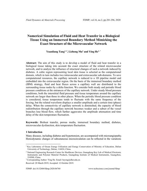 Pdf Numerical Simulation Of Fluid And Heat Transfer In A Biological Tissue Using An Immersed