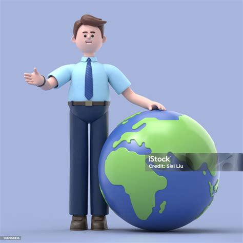 지구본을 들고 서 있는 웃고 있는 아시아 남자 펠릭스의 3d 그림 글로벌 비즈니스 또는 생태 개념 파란색 배경에 3d 렌더링입니다 입체 이미지에 대한 스톡 사진 및 기타