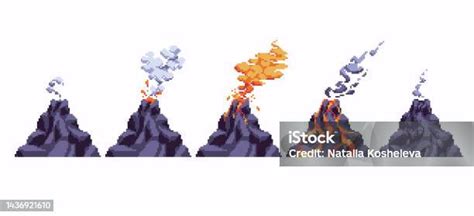 화산 폭발 단계 픽셀 아트 세트 흐르는 용암 소용돌이 치는 연기 검은 산 컬렉션 8비트 스프라이트 연기 물리적 구조에 대한 스톡