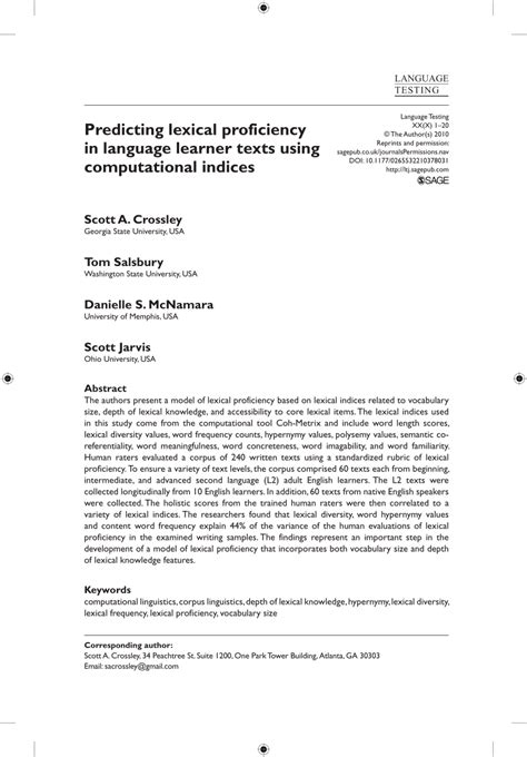 Pdf Predicting Lexical Proficiency In Language Learners Using Computational Indices