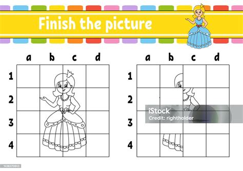 그림을 완료합니다 아이들을위한 색칠 공부 책 페이지 워크시트를 개발하는 교육 동화 테마 어린이를위한 게임 필기 연습 만화 캐릭터 벡터 그림입니다 개발에 대한 스톡 벡터 아트