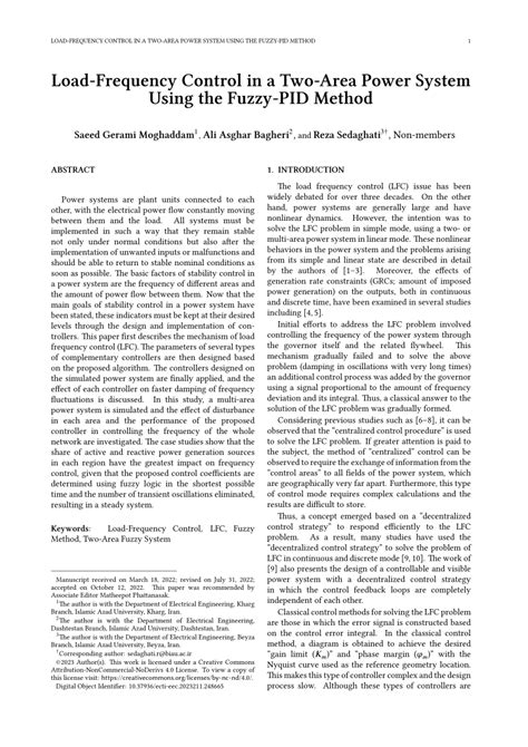 Pdf Load Frequency Control In A Two Area Power System Using The Fuzzy Pid Method