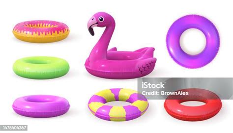 3d 팽창식 수영 반지 디자인 도넛 및 핑크 플라밍고 현실적인 수영장 고무 원 상단 및 측면보기 수영 인명 구조원 벡터 세트 공기 주입에 대한 스톡 벡터 아트 및 기타