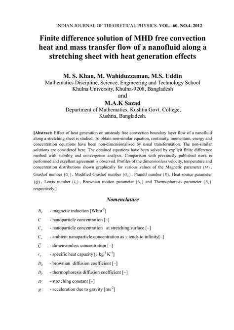 Pdf Finite Difference Solution Of Mhd Free Convection Heat And Mass Transfer Flow Of A