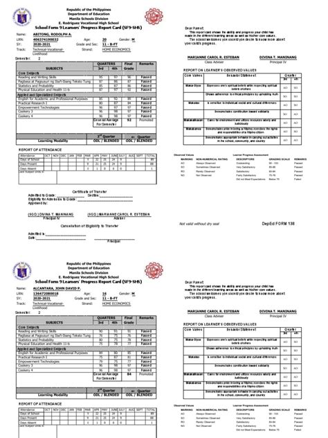 School Form 9 Learners Progress Report Card Sf9 Shs Pdf