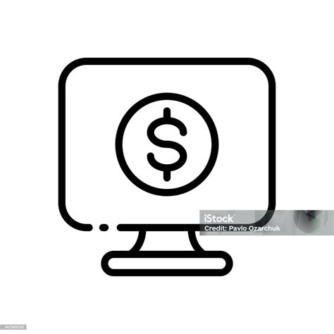 컴퓨터 모니터 라인 아이콘에 달러 기호입니다 커서 화살표 온라인 원격 작업 거리 돈 벌기 저축 은행 업무 예금 기부 재무 관리 개념입니다 벡터 선 아이콘 가방에 대한 스톡