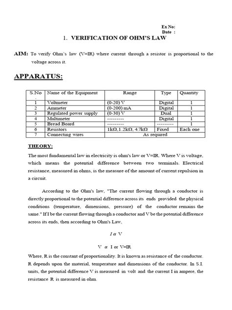 Ex No1 Pdf Electrical Resistance And Conductance Voltage