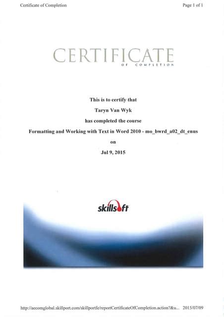 Certificate Of Completion Skillsoft Formatting And Working With Text