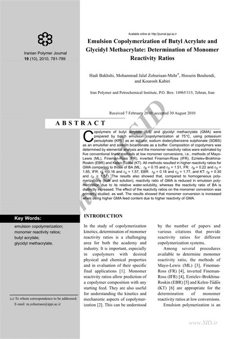 Pdf Emulsion Copolymerization Of Butyl Acrylate And Glycidyl Methacrylate Determination Of