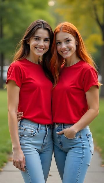 Two Women Wearing Red Shirts With The Word Red On Them Premium Ai