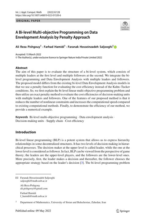 pdf a bi level multi objective programming on data envelopment