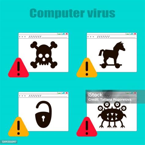 컴퓨터 바이러스 트로이 목마 성 바이러스 인터넷 페이지의 두개골을 테마로 아이콘 세트 벡터 일러스트레이션 알림 아이콘에 대한 스톡 벡터 아트 및 기타 이미지 Istock