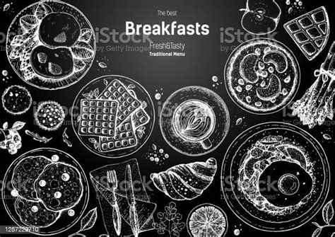 아침 식사 상단 보기 프레임 아침 음식 메뉴 디자인 아침 식사와 브런치 요리 컬렉션 빈티지 손으로 그린 스케치 벡터 일러스트 각인 된 스타일 건강한 식생활에 대한 스톡 벡터