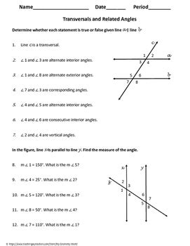 Geometry Worksheet Transversals And Related Angles By My Geometry World