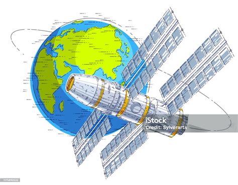 지구 주위를 도는 우주 정거장 우주 비행 우주선 우주선은 태양 전지 패널 인공 위성입니다 가는 선 3d 벡터 그림입니다 국제 우주 정거장에 대한 스톡 벡터 아트 및 기타
