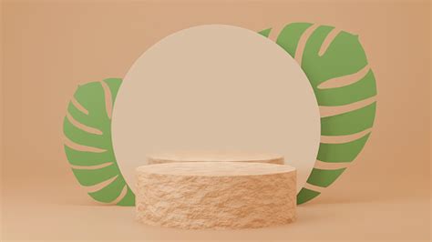 서클 미러 그린 몬스터 잎과 바위와 원 연단 갈색 파스텔 색상 3d 렌더링 그림입니다 제품 브랜딩 배너 및 화장품 제품을 위한 모의 쇼케이스 제품 프리젠 테이션은 최소화 0