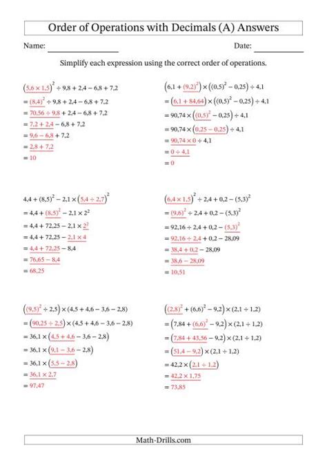 Order Of Operations With Positive Decimals Six Steps Comma Decimal Format A