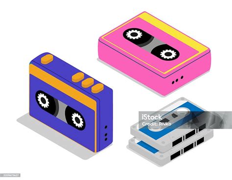아이소 메트릭 휴대용 카세트 플레이어 음악 플레이어 오디오 파일과 음악을 자기 테이프에 녹음하고 듣기 위한 장치 흰색 배경에 고립 된 공중 보기 3d 벡터 개념 3차원