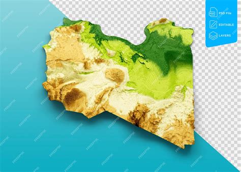 리비아 지도 그림자 릴리프 색상 높이 지도 바다 파란 배경 3d 일러스트레이션 프리미엄 Psd 파일