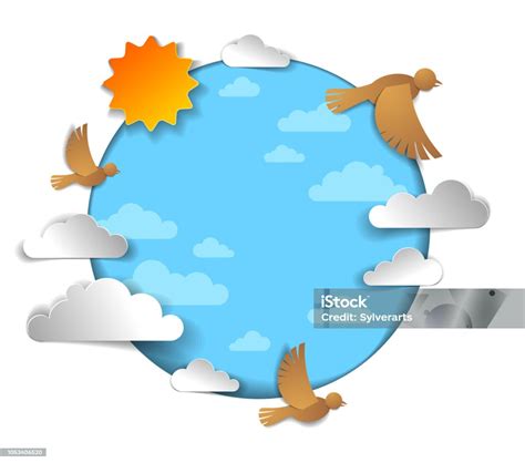 새 가운데 아름 다운 구름과 하늘 여름 편리 하 고 평화로운 느낌에 태양 비행 무리 벡터 그림 종이 컷된 아이 스타일 3차원 형태에 대한 스톡 벡터 아트 및 기타 이미지