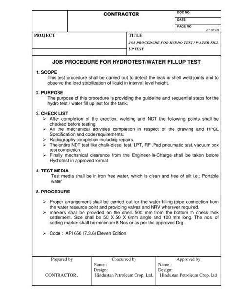 Job Procedure For Hydrotest Water Fillup Test 1