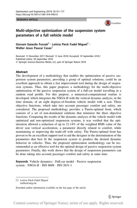 Multi Objective Optimization Of The Suspension System Parameters Of A Full Vehicle Model