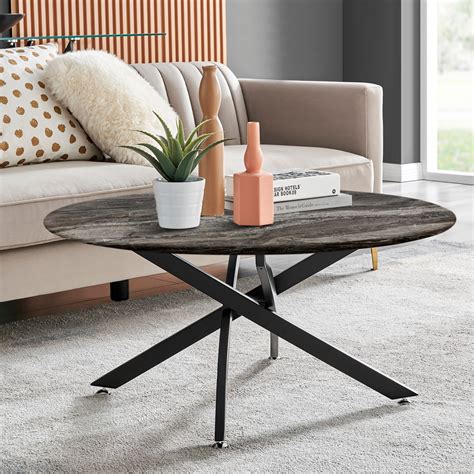 Novara Round Coffee Table Glass Marble Effect Top Black Legs