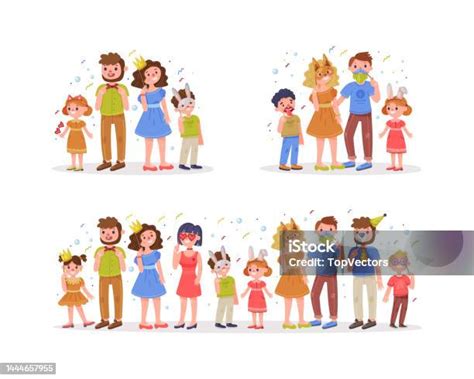 카니발 마스크에 행복 한 사람들의 집합입니다 휴일을 축하하고 카니발 파티 만화 벡터 일러스트레이션에서 즐거운 시간을 보내는 가족들 Performing Arts Event에