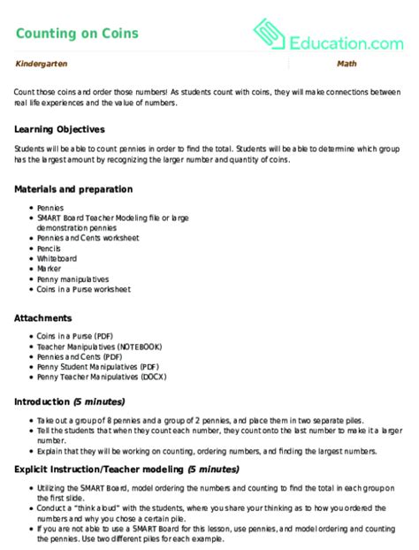 Counting On Coins Lesson Plan Education Com