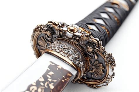 Close Up Of An Ornate Japanese Katana Sword With Detailed Hilt Stock