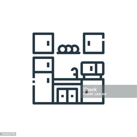 가구 개념에서 부엌 아이콘 벡터 부엌 편집 스트로크의 얇은 라인 그림 웹 및 모바일 앱 로고 인쇄 미디어에 사용하기위한 주방 선형 기호 가구에 대한 스톡 벡터 아트 및 기타