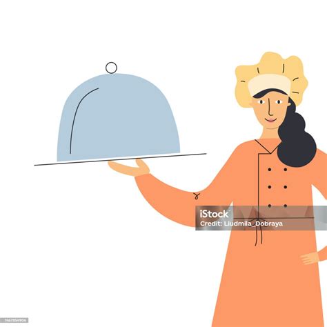 제복을 입은 전문 젊은 요리사 여성이 쟁반을 들고 요리를 시연하고 있다 전문 직업 직업 미니멀리스트 개념 요리사 캐릭터 레스토랑