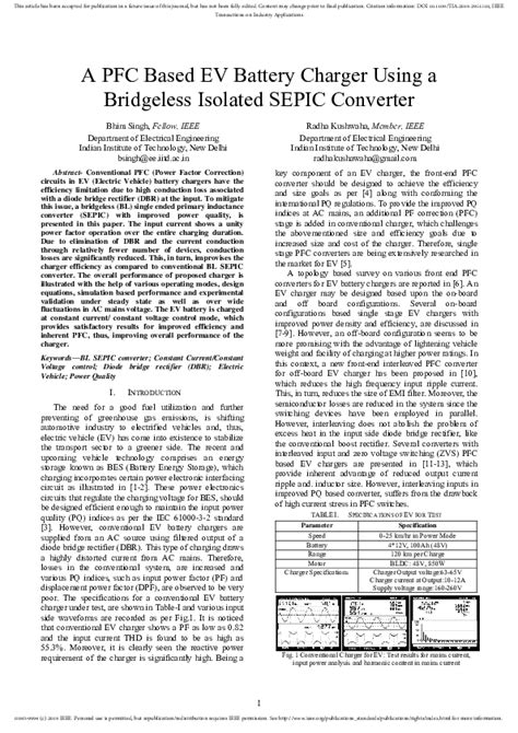 Pdf A Pfc Based Ev Battery Charger Using A Bridgeless Isolated Sepic Converter