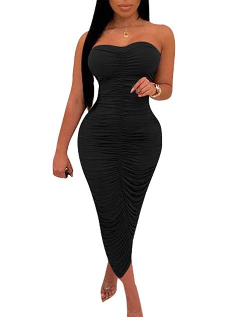 Beagimeg Womens Sexy Ruched Strapless Bodycon Tube Maxi Long Club Dress