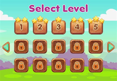 Cartoon Level Selection Game Screen Wooden Gui Set Stock Vector