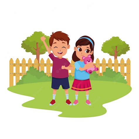 Niños Amigos Jugando Y Sonriendo Caricaturas Vector Premium