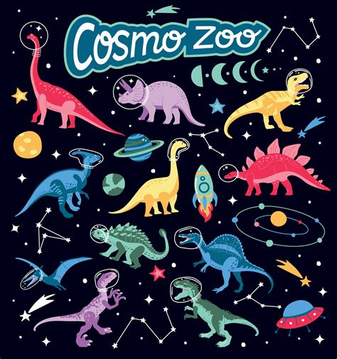 Astronaut Dinosaur Character Set Design Cute Space Illustration