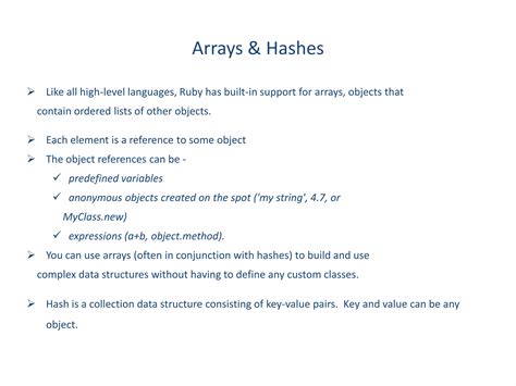 Rubys Arrays And Hashes With Examples Pptx Programming Languages Computing