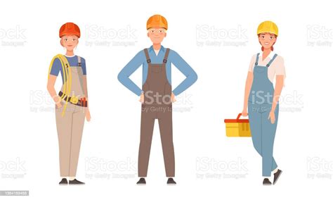 핸디맨 또는 픽서로 숙련 된 남자와 여자 착용 전반적인 유지 도구 상자 에 종사 홈 수리 작업 벡터 세트 Diy에 대한 스톡