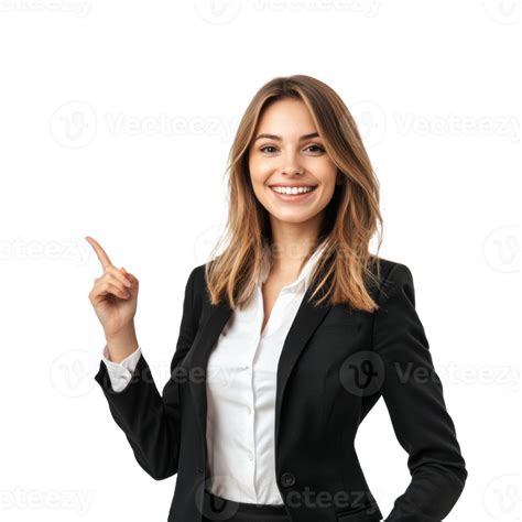 Happy Smiling Business Woman In Suit With Hand Pointing At Empty Space