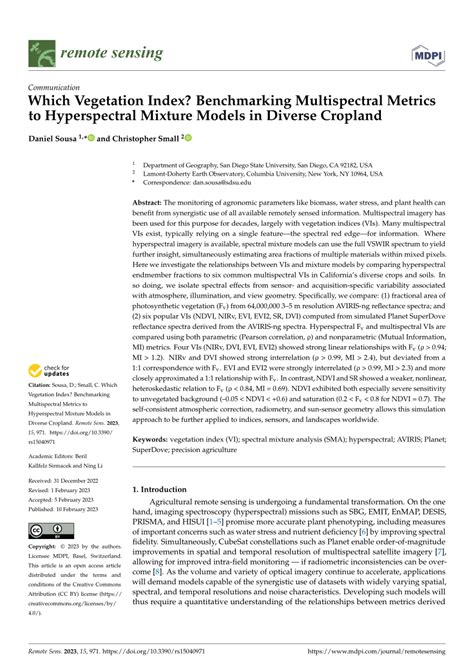 Pdf Which Vegetation Index Benchmarking Multispectral Metrics To Hyperspectral Mixture Models