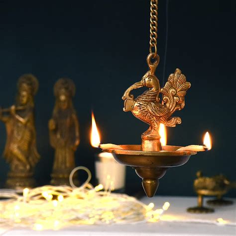 Magnificent Brass Peacock With Hanging Lamp Or Diya