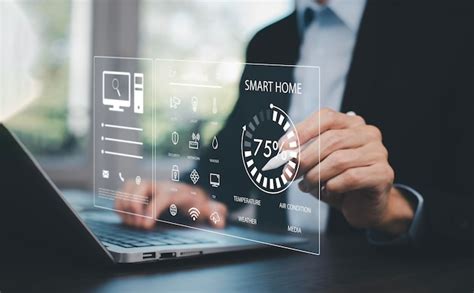 Premium Photo Hand Using Ai Smart Tablet With Smart Home App On The Room Circular Interface Of