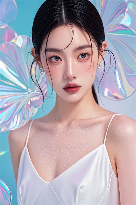 人物肖像摄影，美丽的全身模特，朦胧感，站在高大“透明”的玻璃花瓣前，面部细节完美，人物细节精致，浅色的服装，人像特写，大光圈，细腻的光泽，背景是8k渐变半透明玻璃